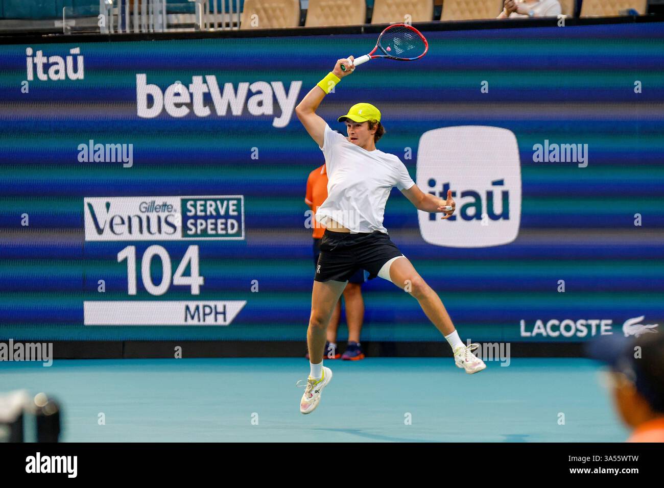 MIAMI GARDENS, FL - MARCH 20: Joao Fonseca (BRA) in action during a 1st Round match against ...