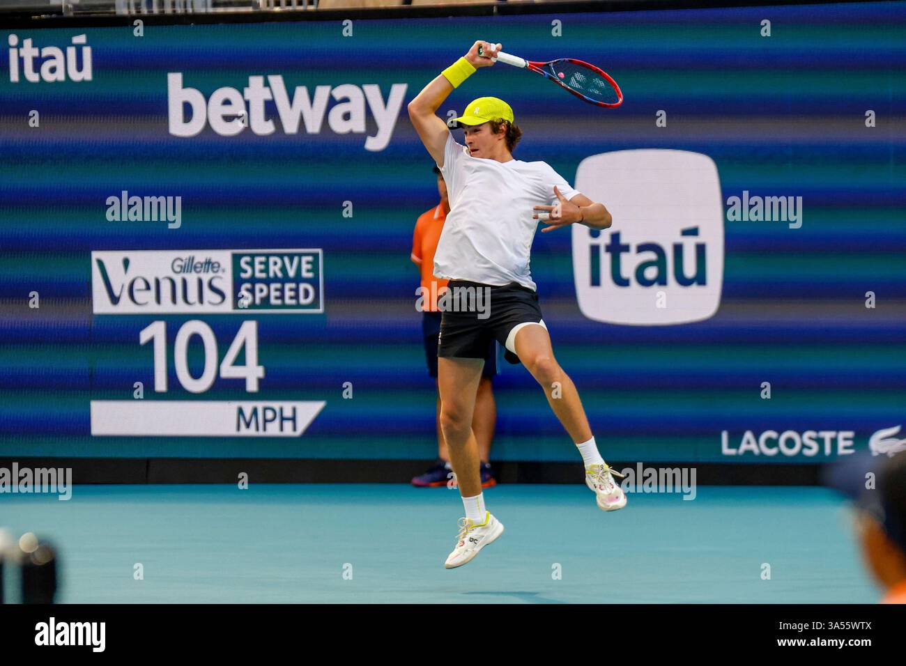 MIAMI GARDENS, FL - MARCH 20: Joao Fonseca (BRA) in action during a 1st Round match against ...