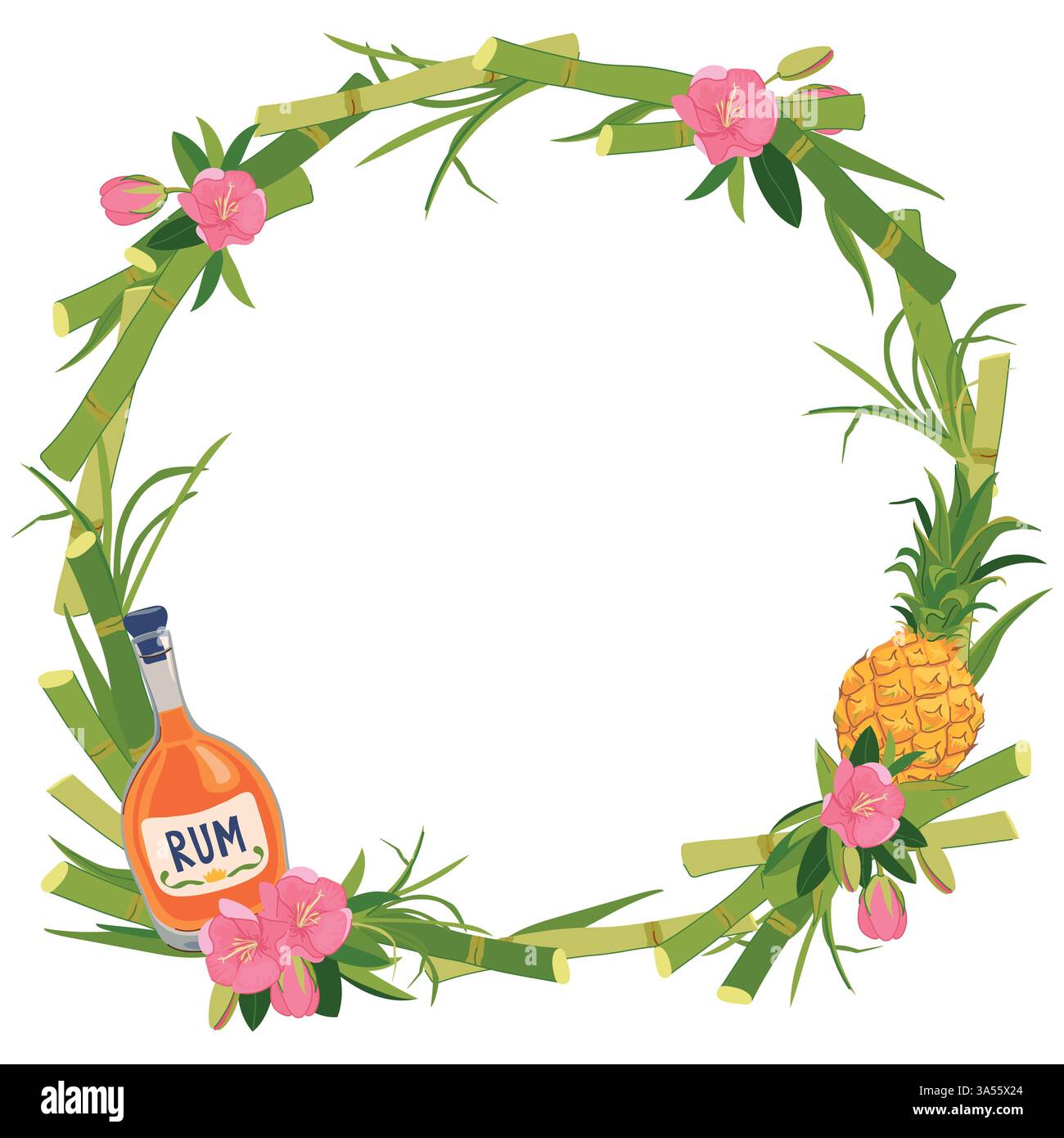 Vector round frame with bottle of rum, pineapple and flowers. Template ...