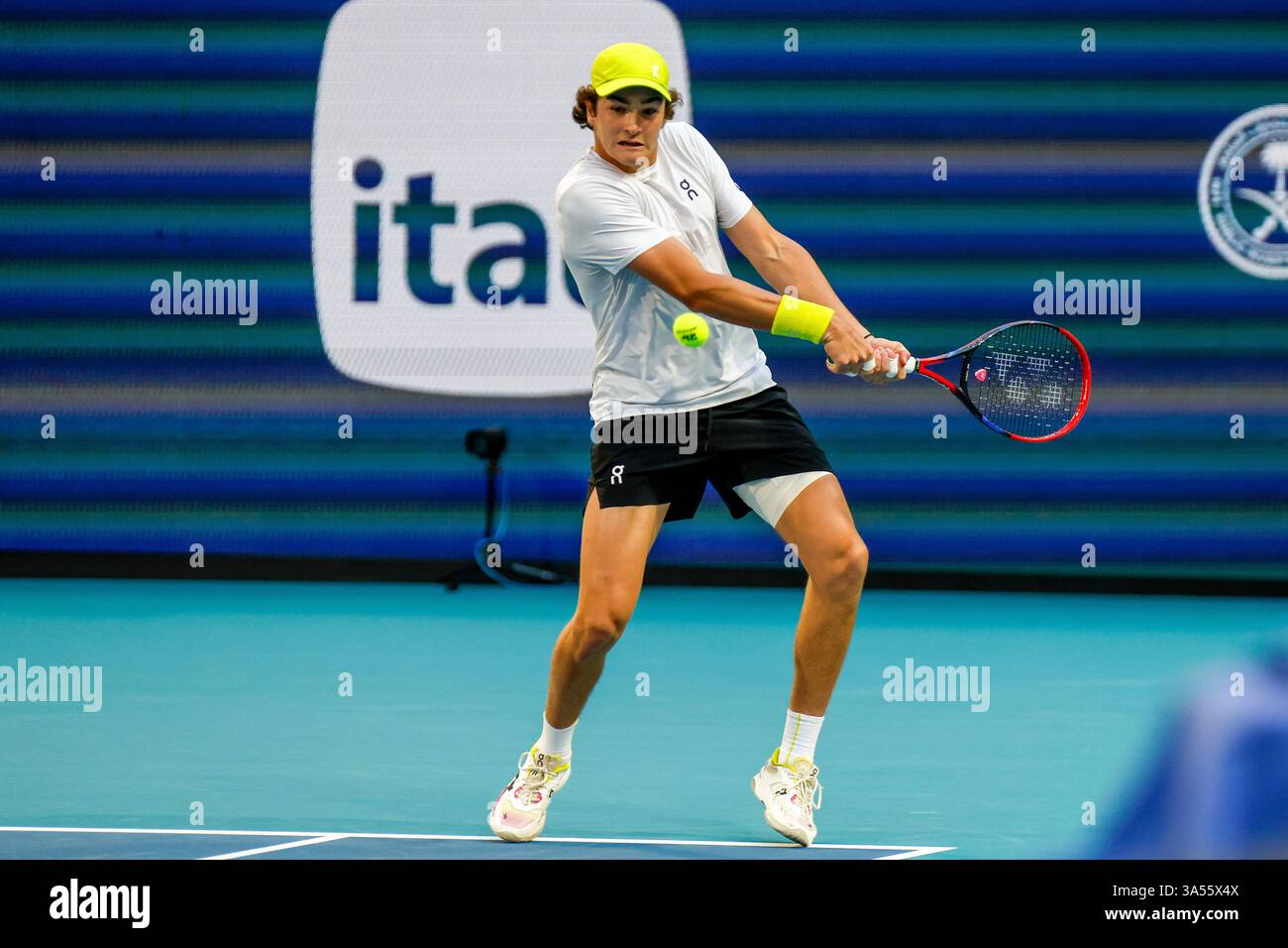MIAMI GARDENS, FL - MARCH 20: Joao Fonseca (BRA) in action during a 1st Round match against ...