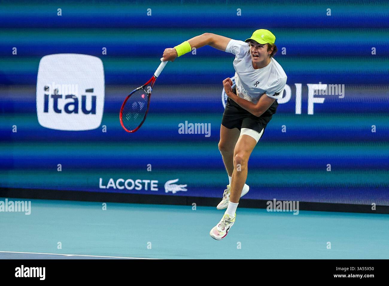 MIAMI GARDENS, FL - MARCH 20: Joao Fonseca (BRA) in action during a 1st Round match against ...
