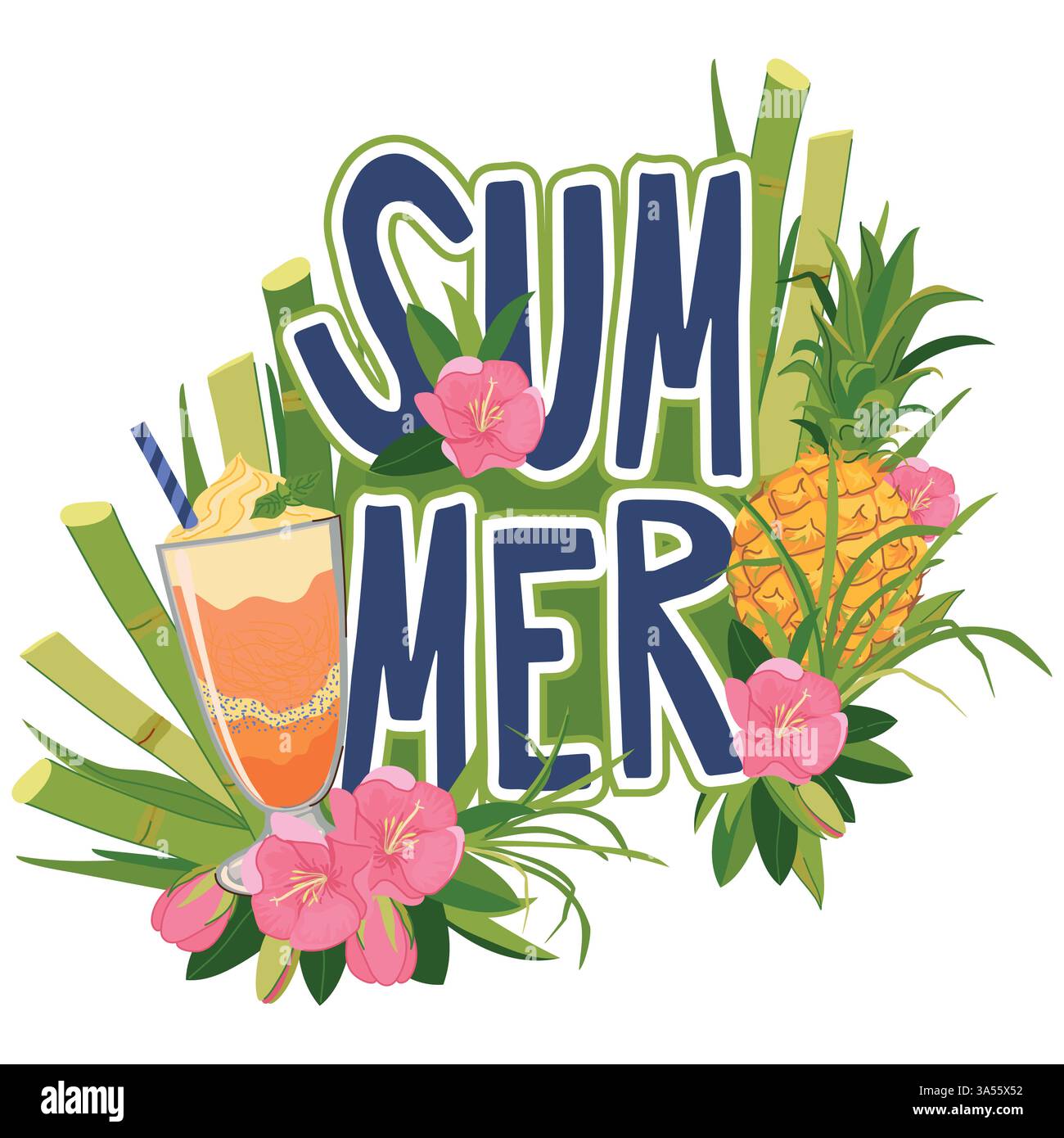 Vector sticker with bottle of rum, pineapple and flowers. Tropical ...