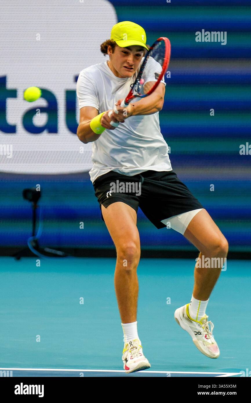 MIAMI GARDENS, FL - MARCH 20: Joao Fonseca (BRA) in action during a 1st Round match against ...