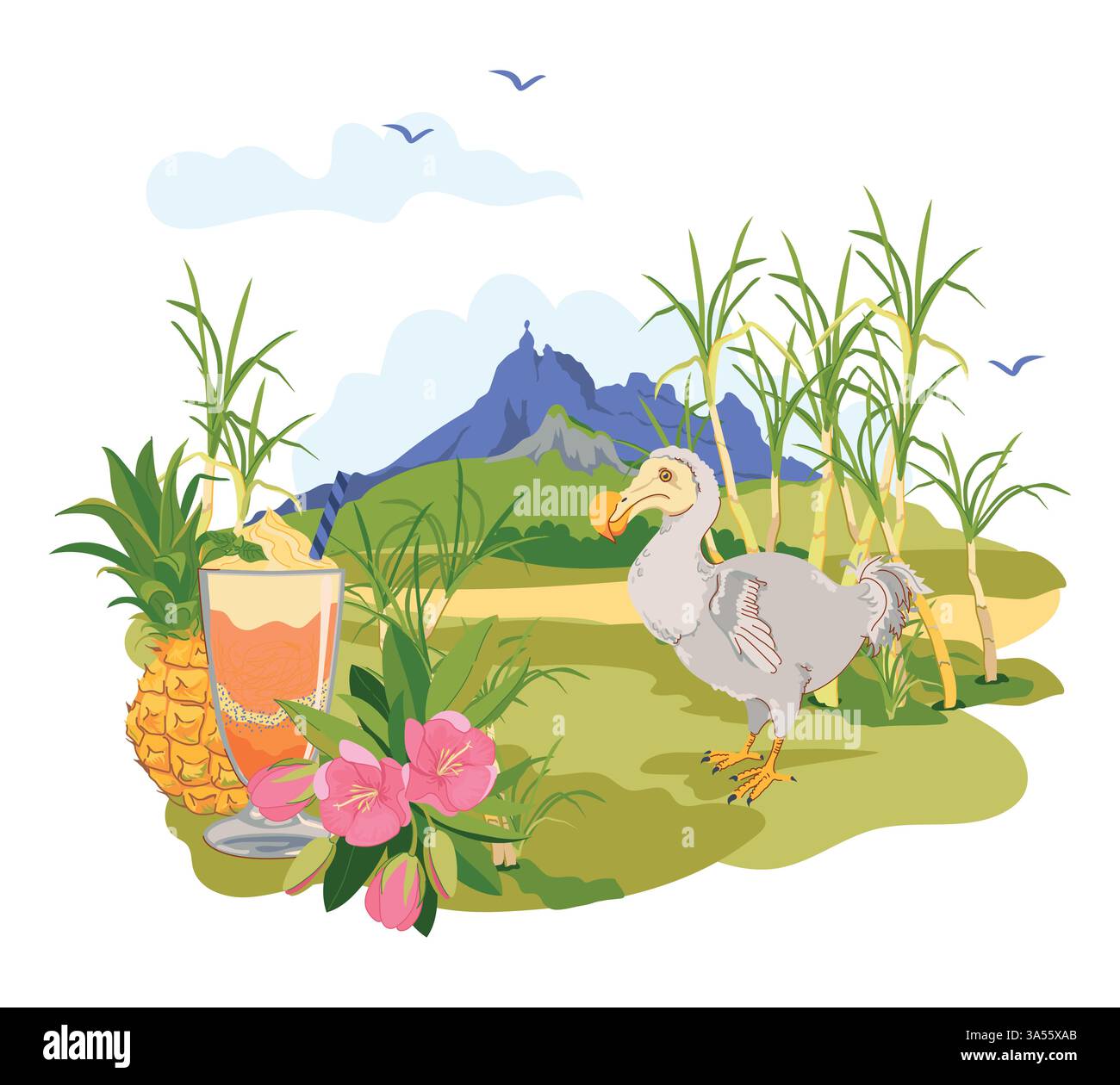 Mauritius landscape and famous landmarks of the island in flat style ...