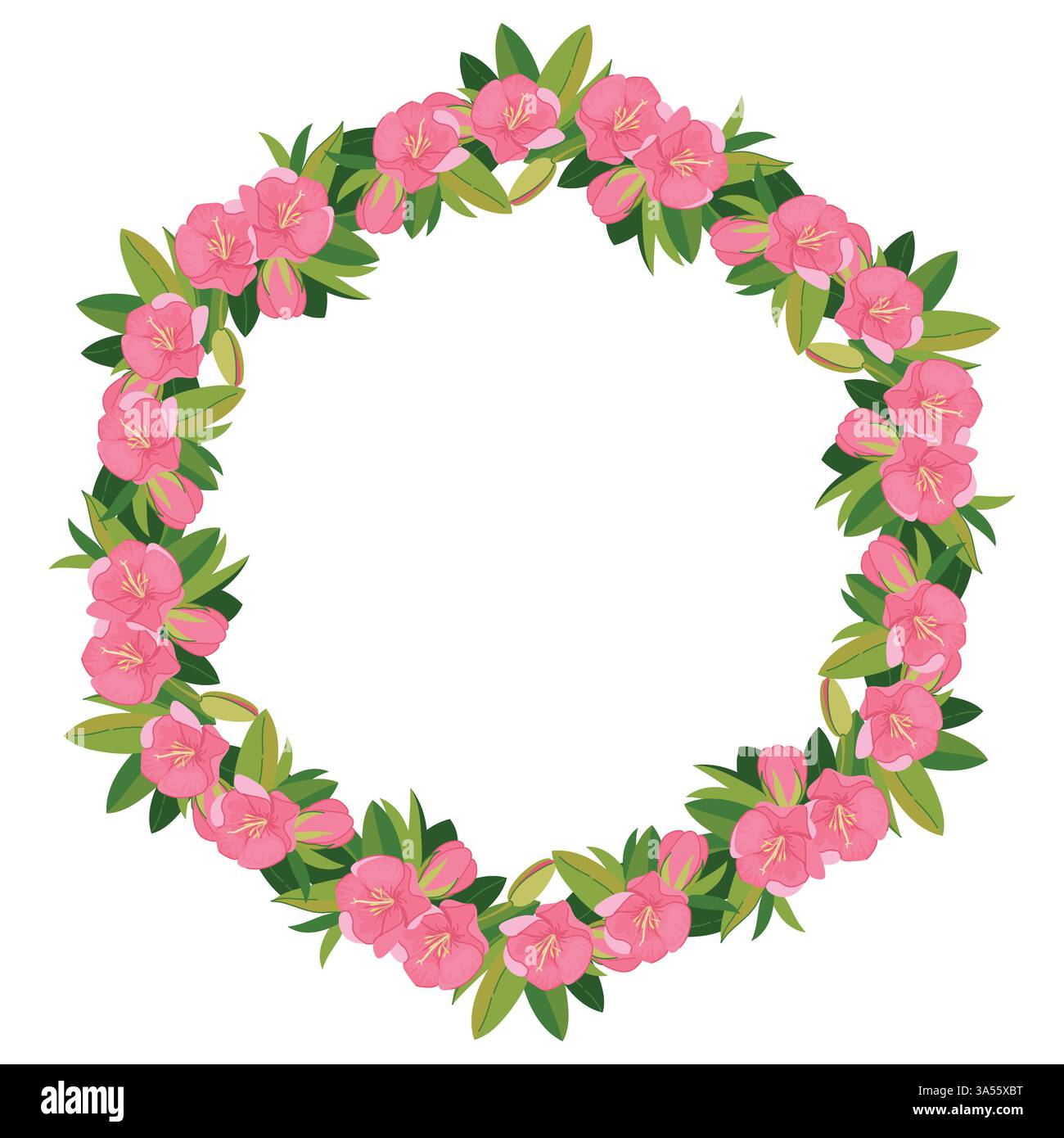Vector wreath with pink exotic flowers in flat style. Round frame of ...
