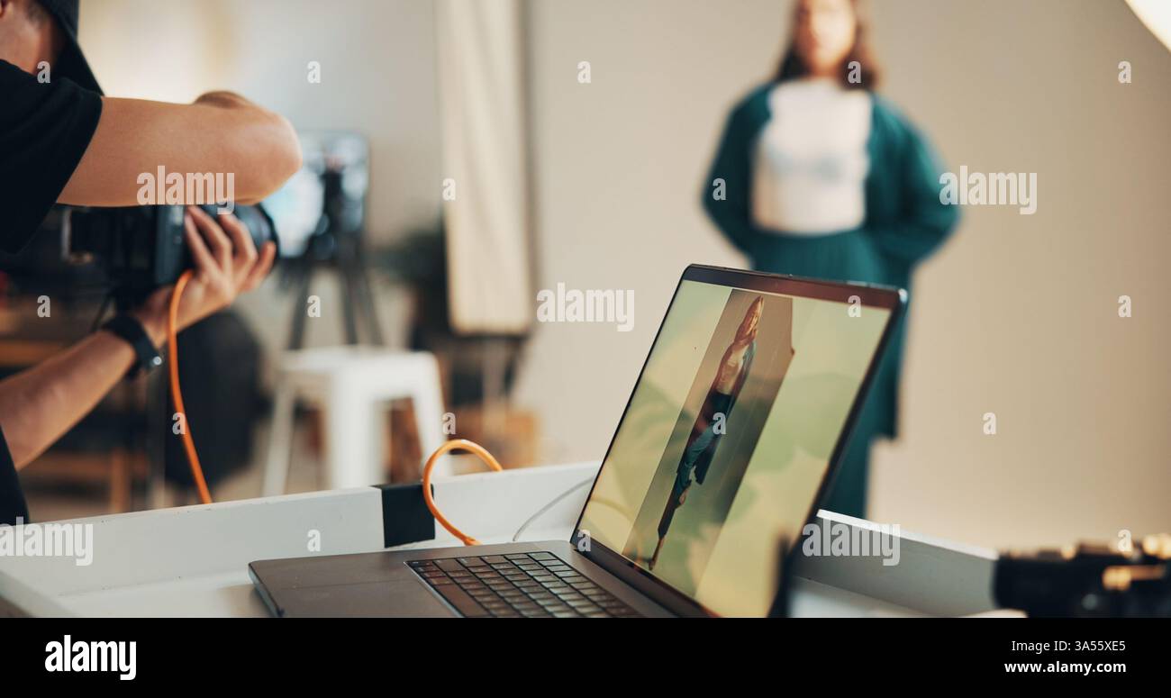 Laptop screen, photoshoot and camera in studio for creative, digital ...
