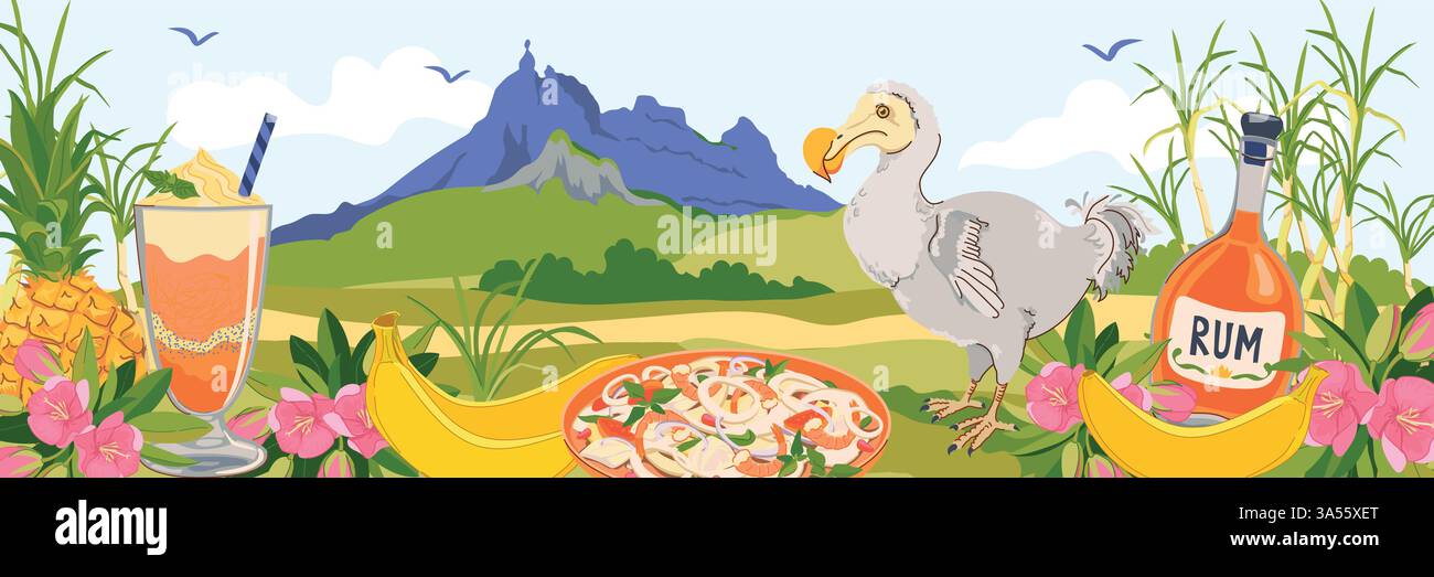 Mauritius landscape and famous landmarks of the island in flat style ...