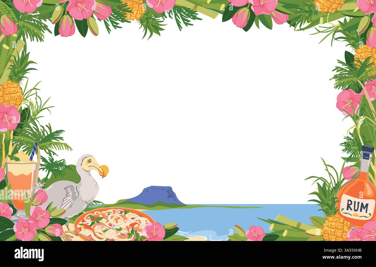 Vector horizontal frame. Panoramic view of Mauritius island beach and ...