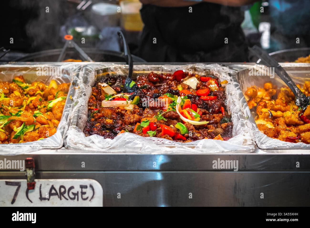 Chinese hot food takeaway on display at Brick Lane Market in London ...