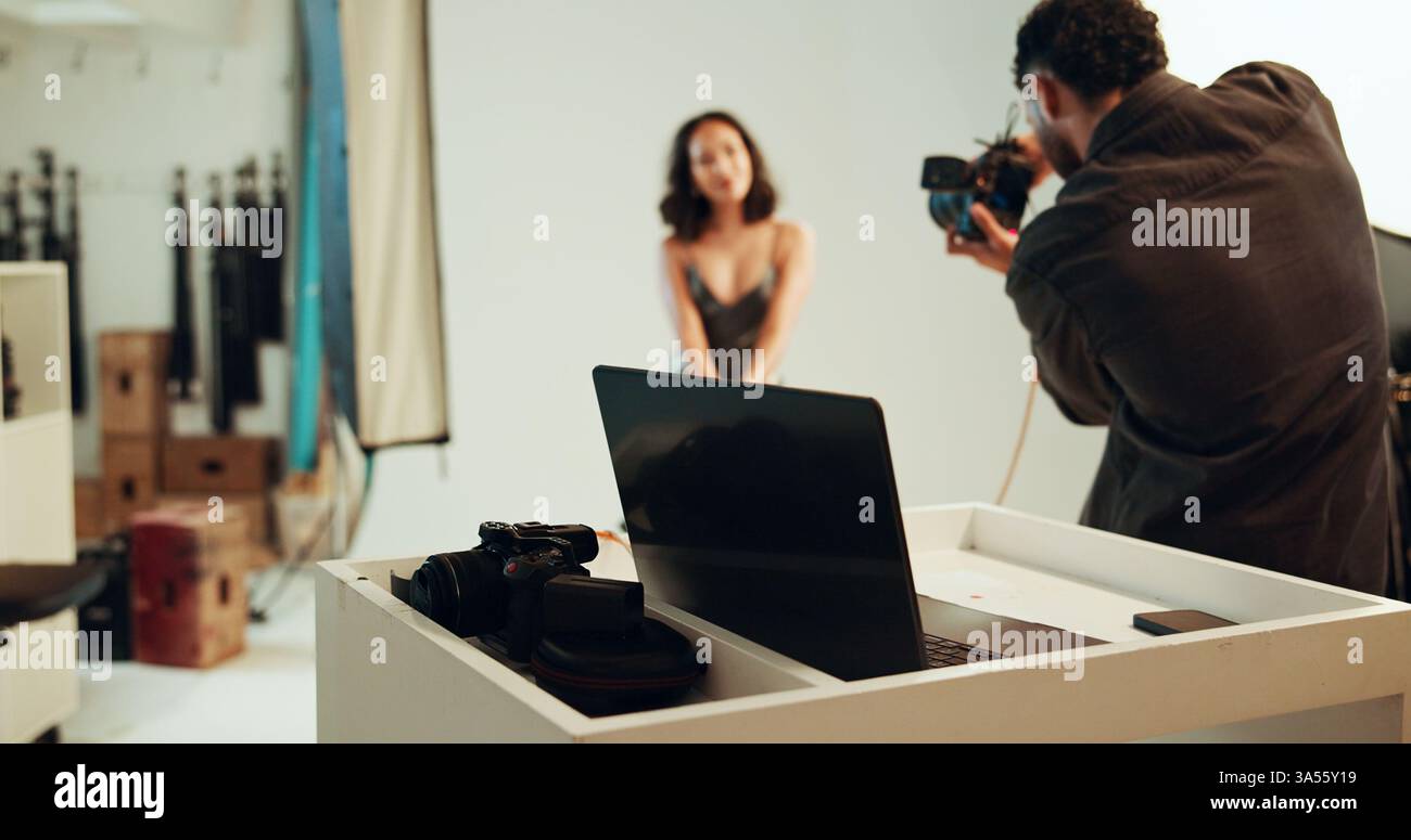 Photoshoot, photographer and people in studio, artistic and pictures for fashion magazine and ...