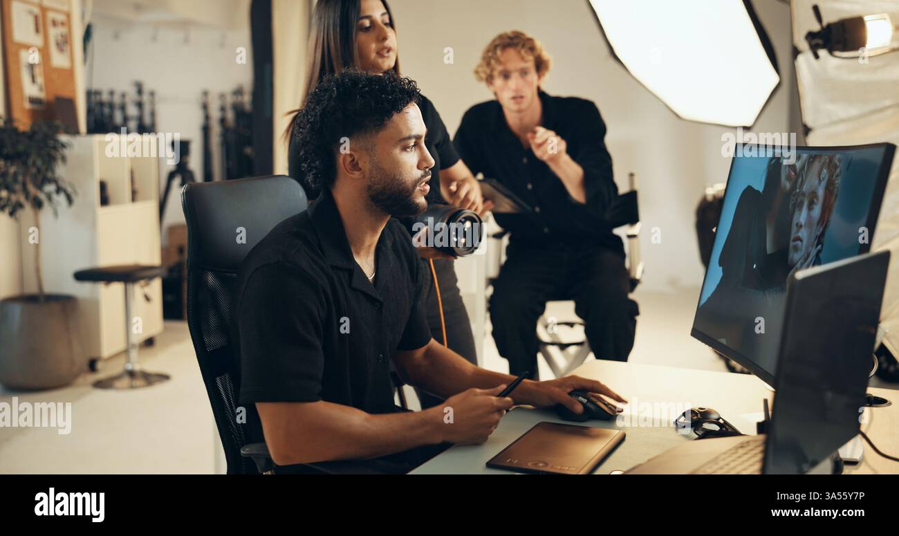 Team, people and editing photography on computer with post production ...