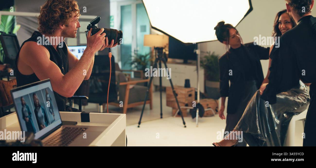 People, photographer and model with makeup for photoshoot, blog production and teamwork. Studio ...