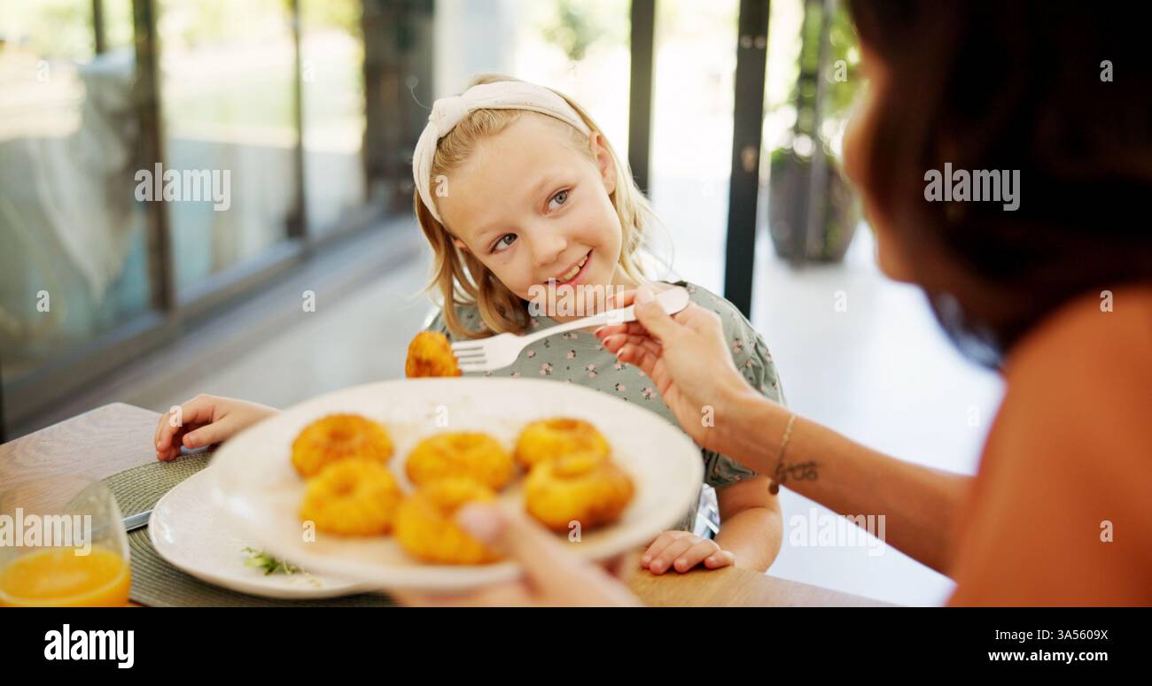 Eating, food and parents with child in home for lunch, dinner and meal ...