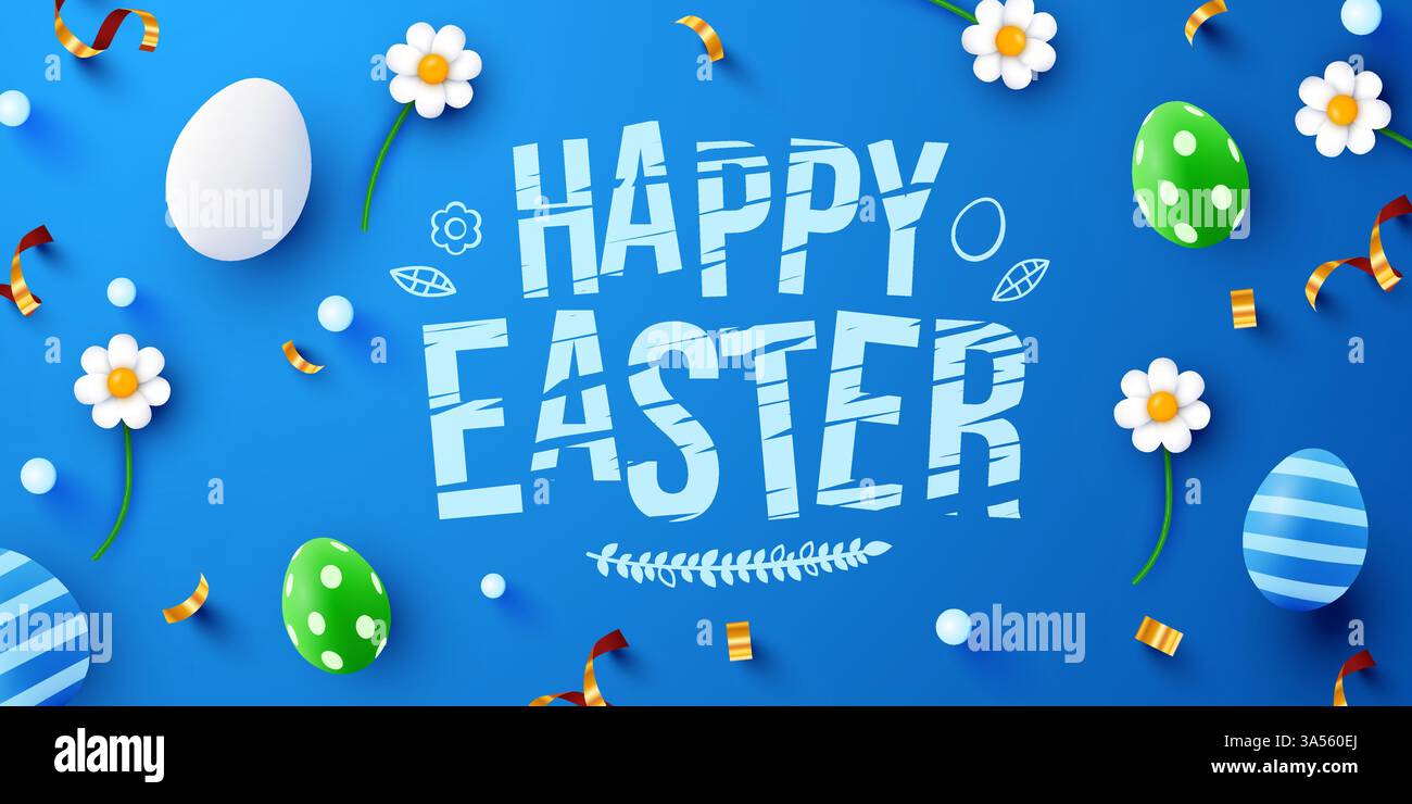 Easter poster and banner template with Easter eggs and flowers on light ...