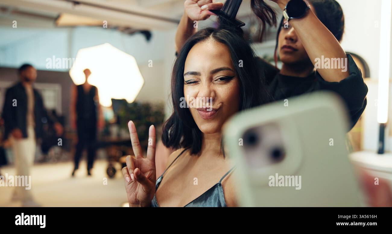 Woman, stylist and selfie with fashion backstage of photography, social ...