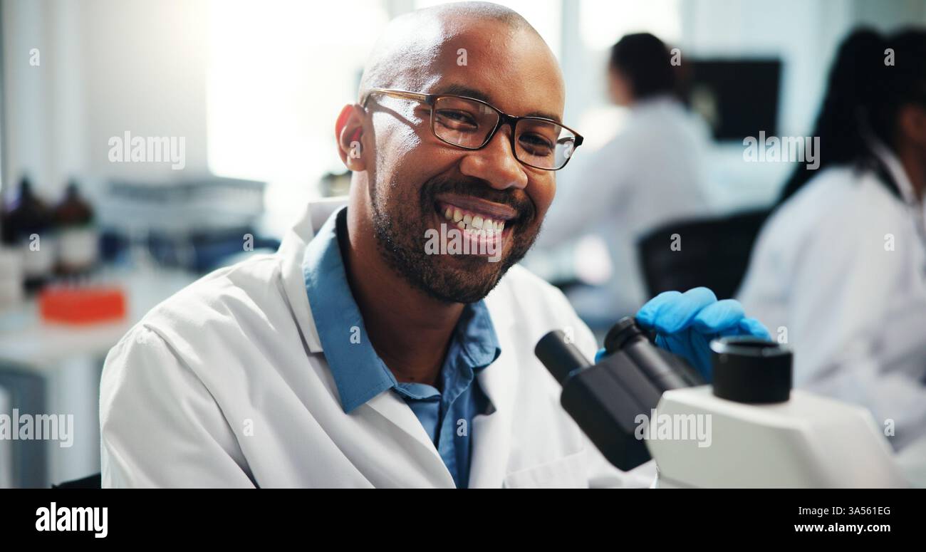 Portrait, black man and scientist with microscope in lab for medical ...