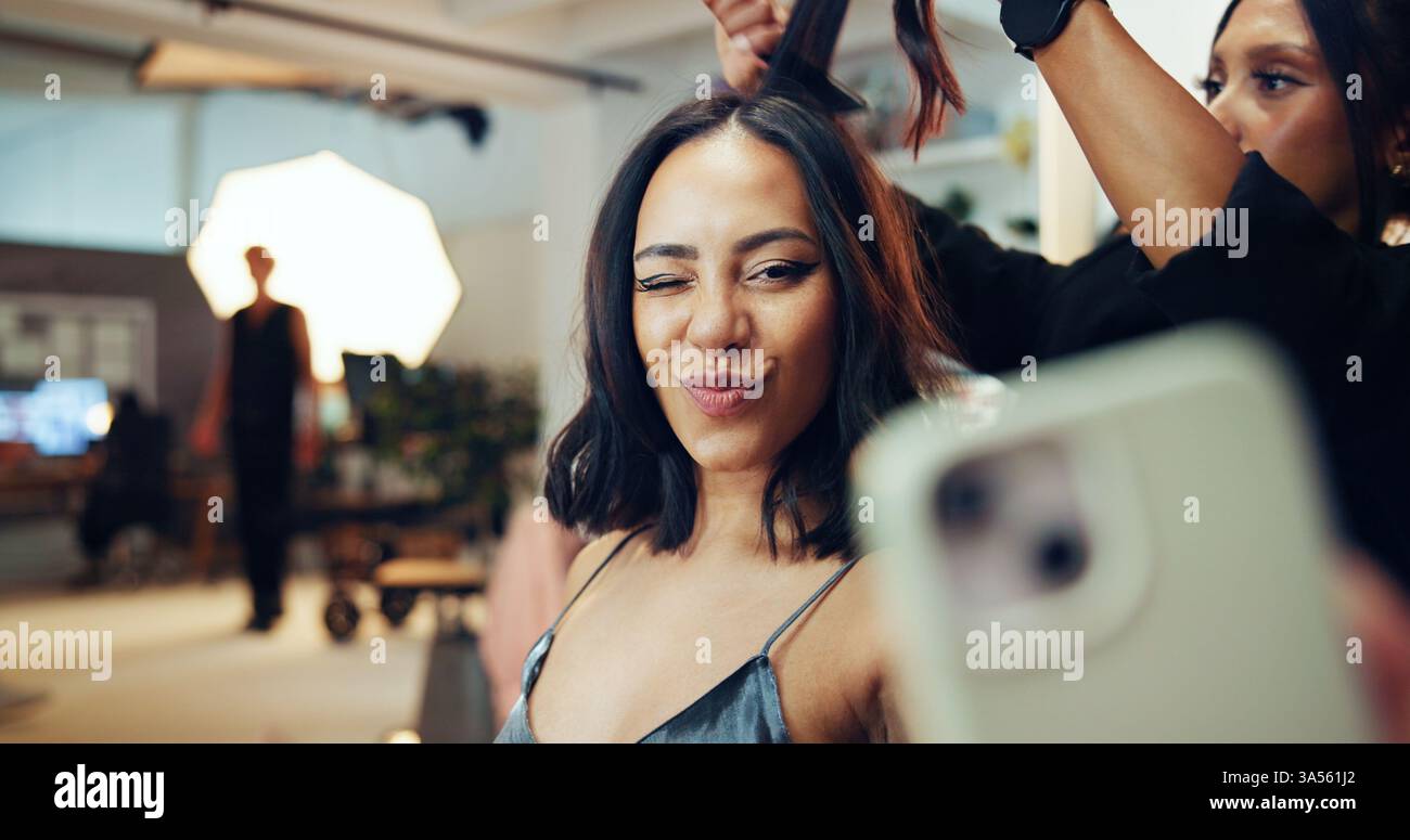 Woman, stylist and selfie with fashion in studio for photography, social media post and magazine ...