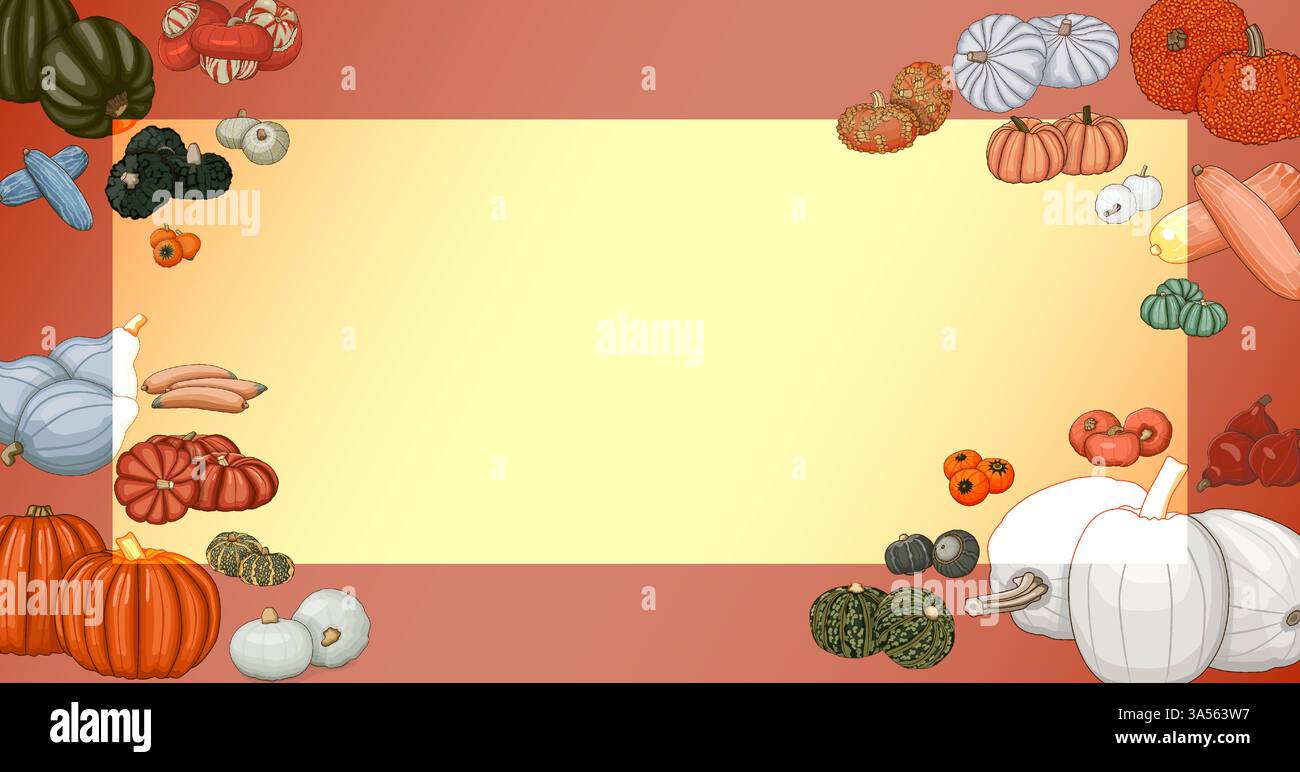 Rectangular banner with types of winter squash. Cucurbita maxima ...