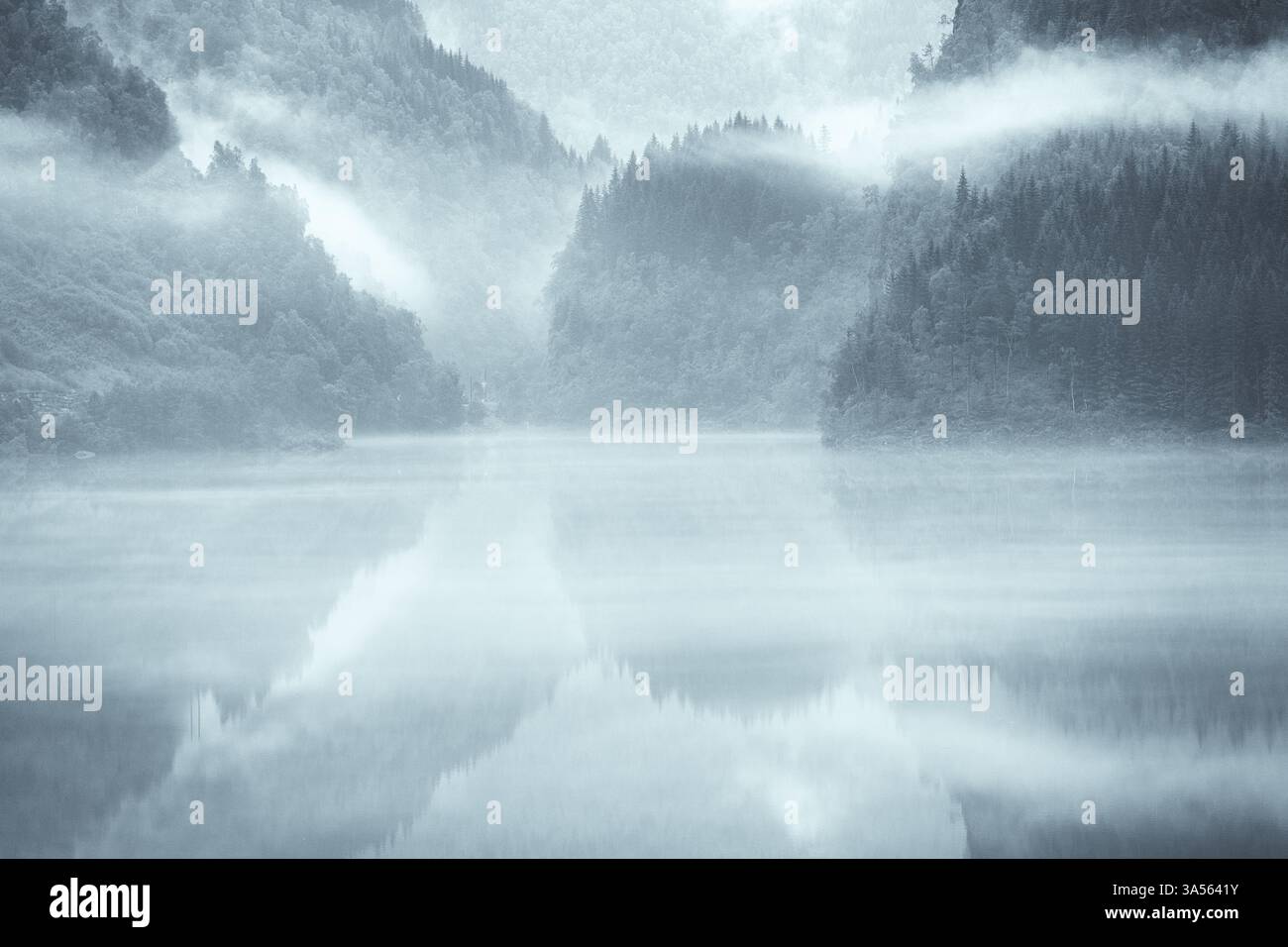 A mystical Fjord in Norway with Fog over the water in a beautiful ...