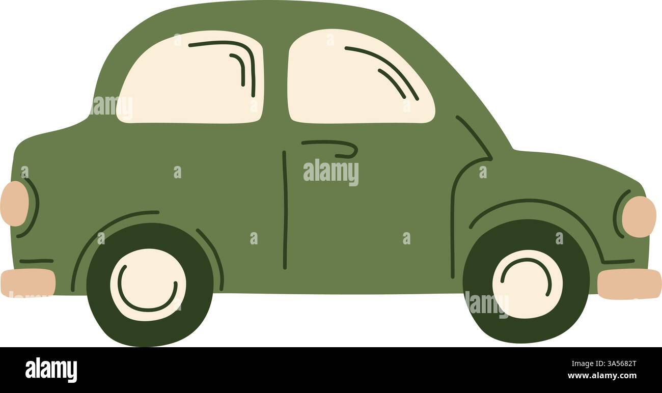 Vintage green compact car, hand-drawn retro vehicle illustration. Cute ...