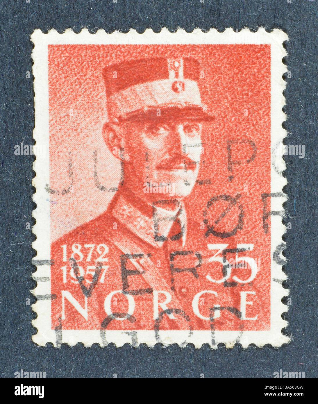 Cancelled postage stamp printed by Norway, that shows King Haakon VII ...