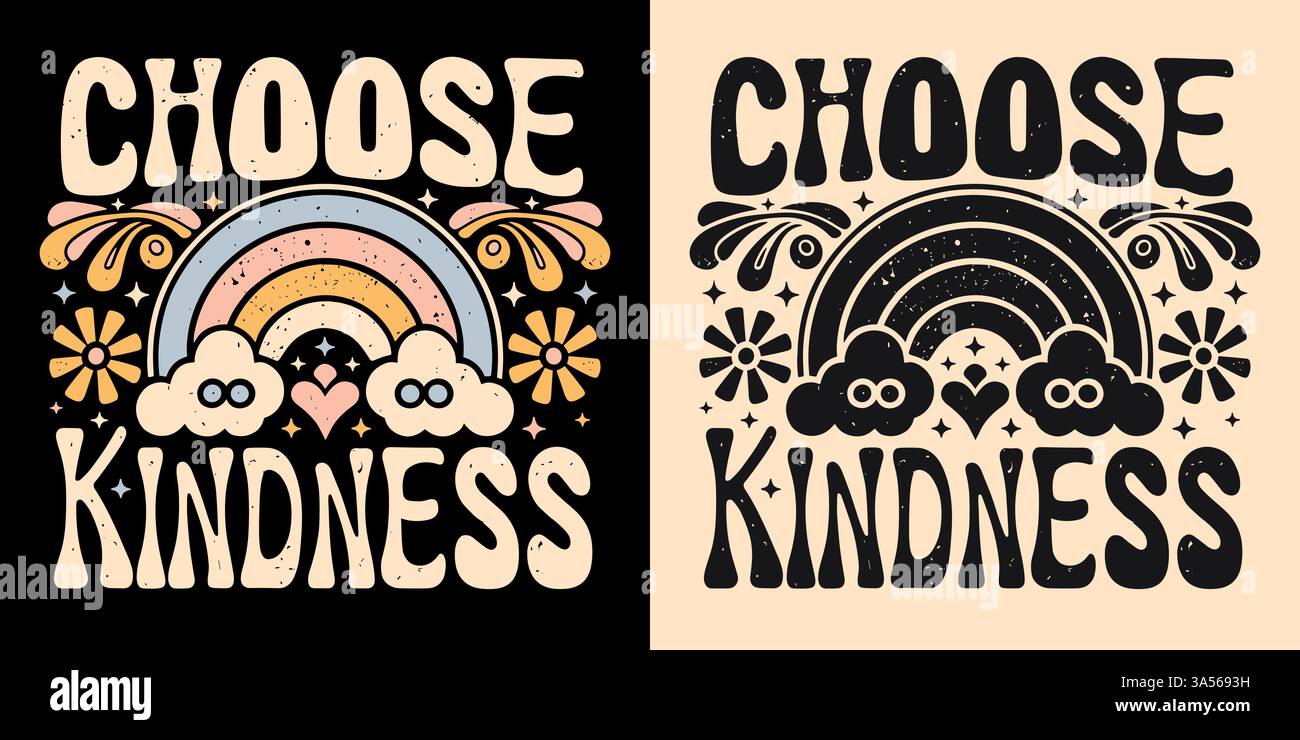 Choose kindness be kind lettering groovy retro vintage floral rainbow ...