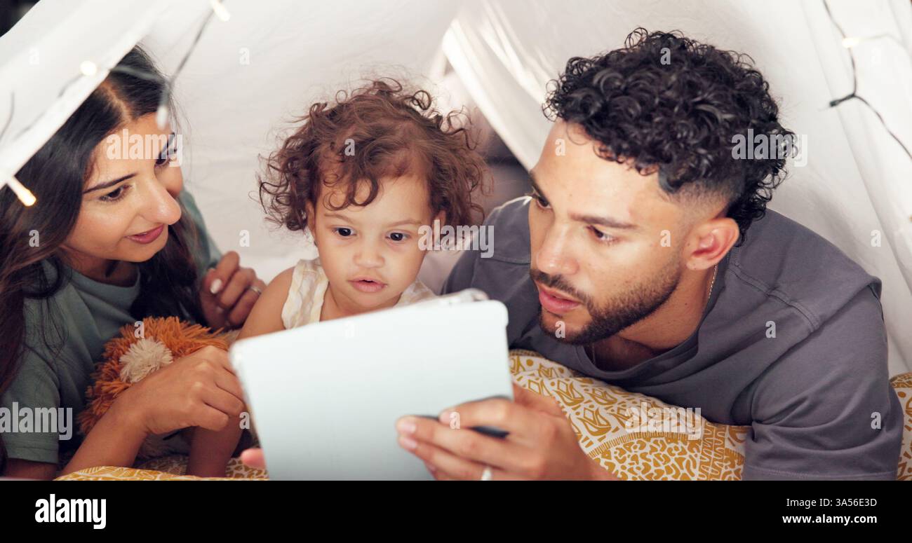 Tent, parents and tablet with child in home for bonding together, games ...