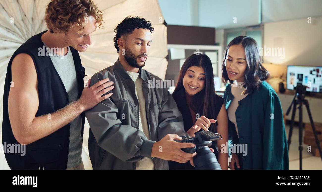 People, photographer and review camera in studio for photoshoot, photo ...