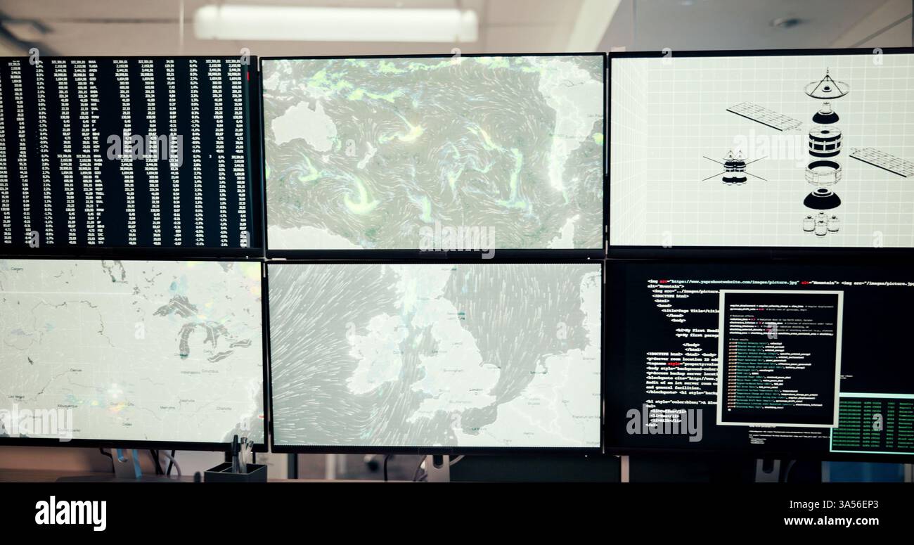 Computer, screen and data with map, control room and broadcast for news ...