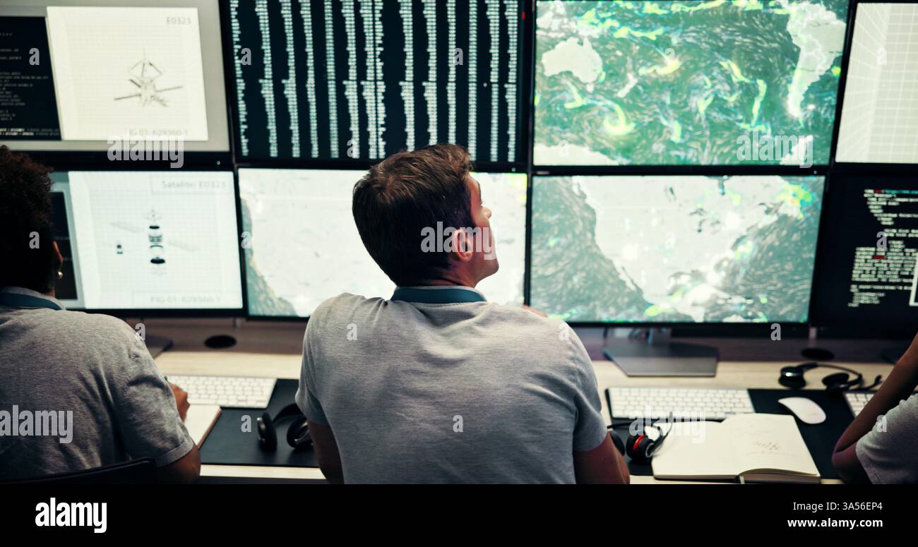 Screen, man and meteorology with monitor for weather, satellite maps ...