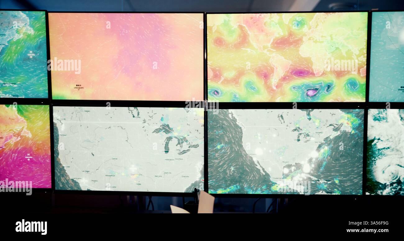 Screen, weather and satellite with pattern in monitor, broadcast news ...