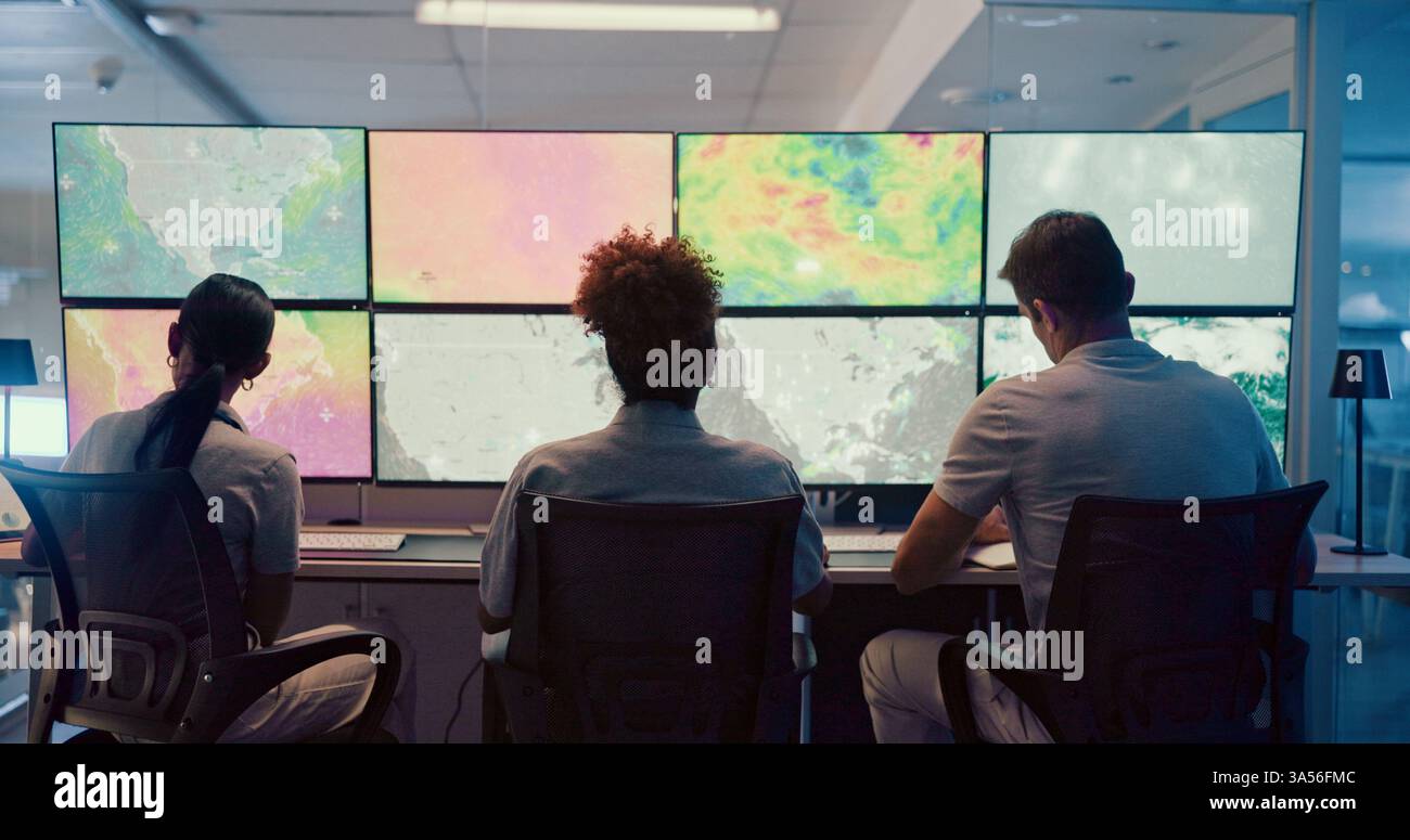 Weather, screen and meteorology with people for forecast, satellite ...