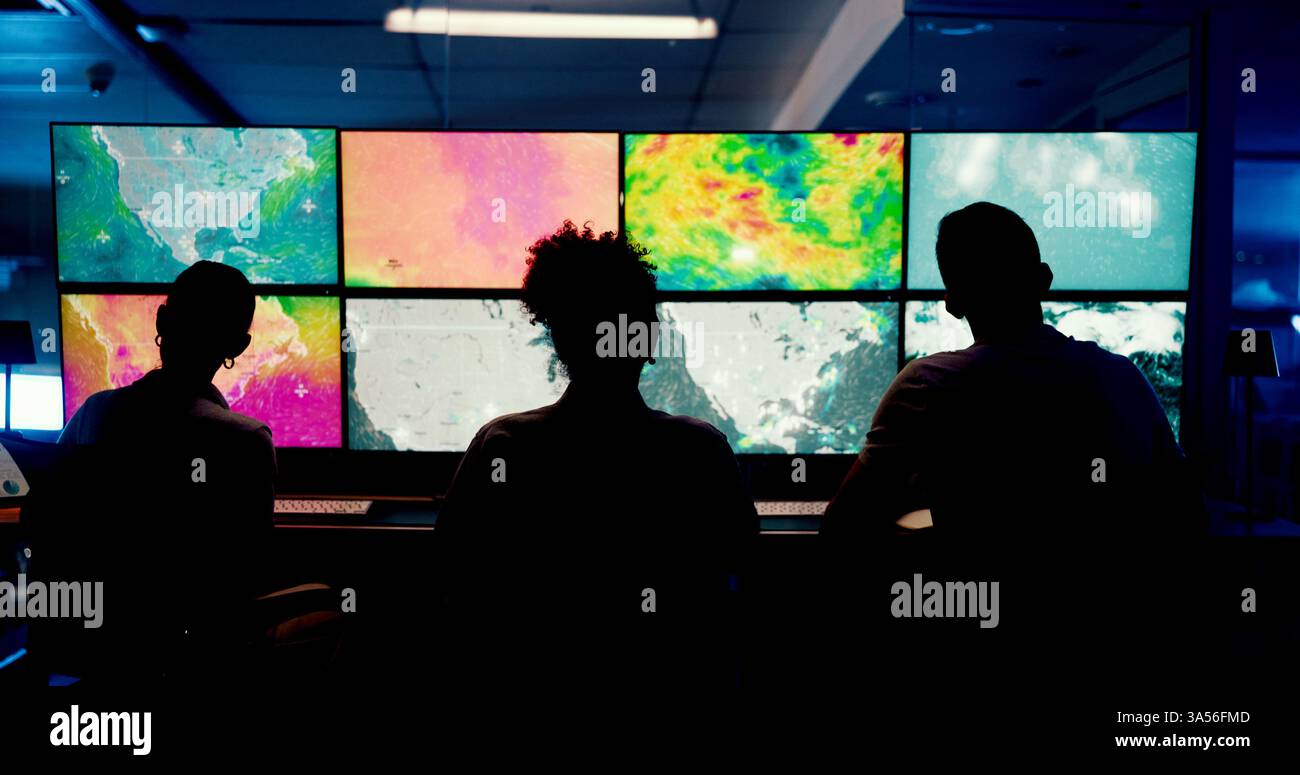 Weather, screen or monitor with people for forecast, satellite maps or ...