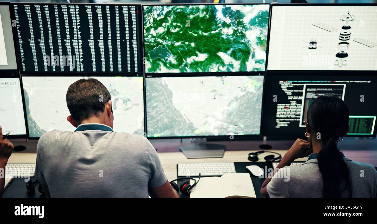 Screen, people and meteorology with monitor for weather, satellite maps ...