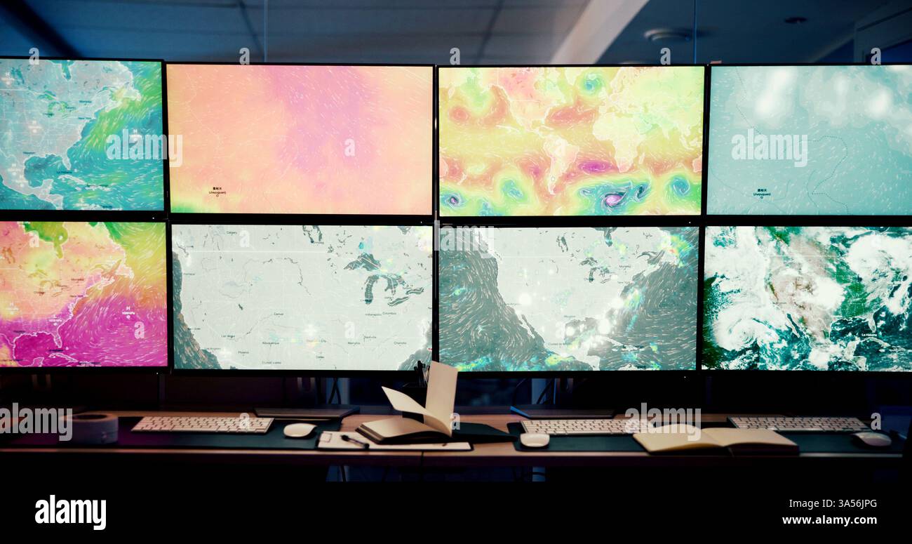 Computer, screen and data with map, control room and broadcast for news ...