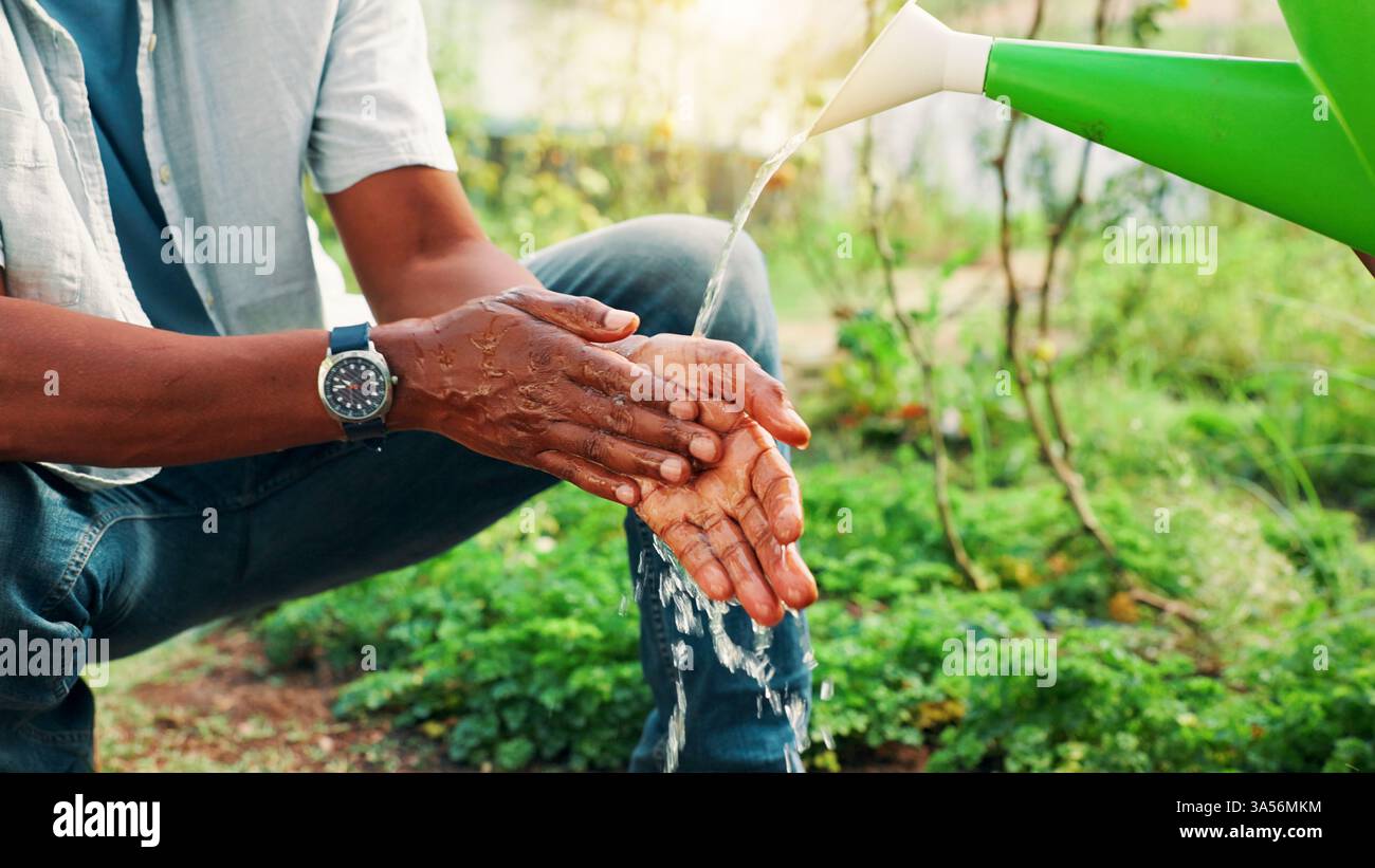 Environment, washing hands and watering can with person on farm for ...