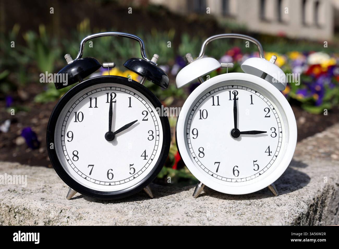 Ein Wecker zeigt zwei Uhr und der andere drei Uhr. Die Uhren werden am ...