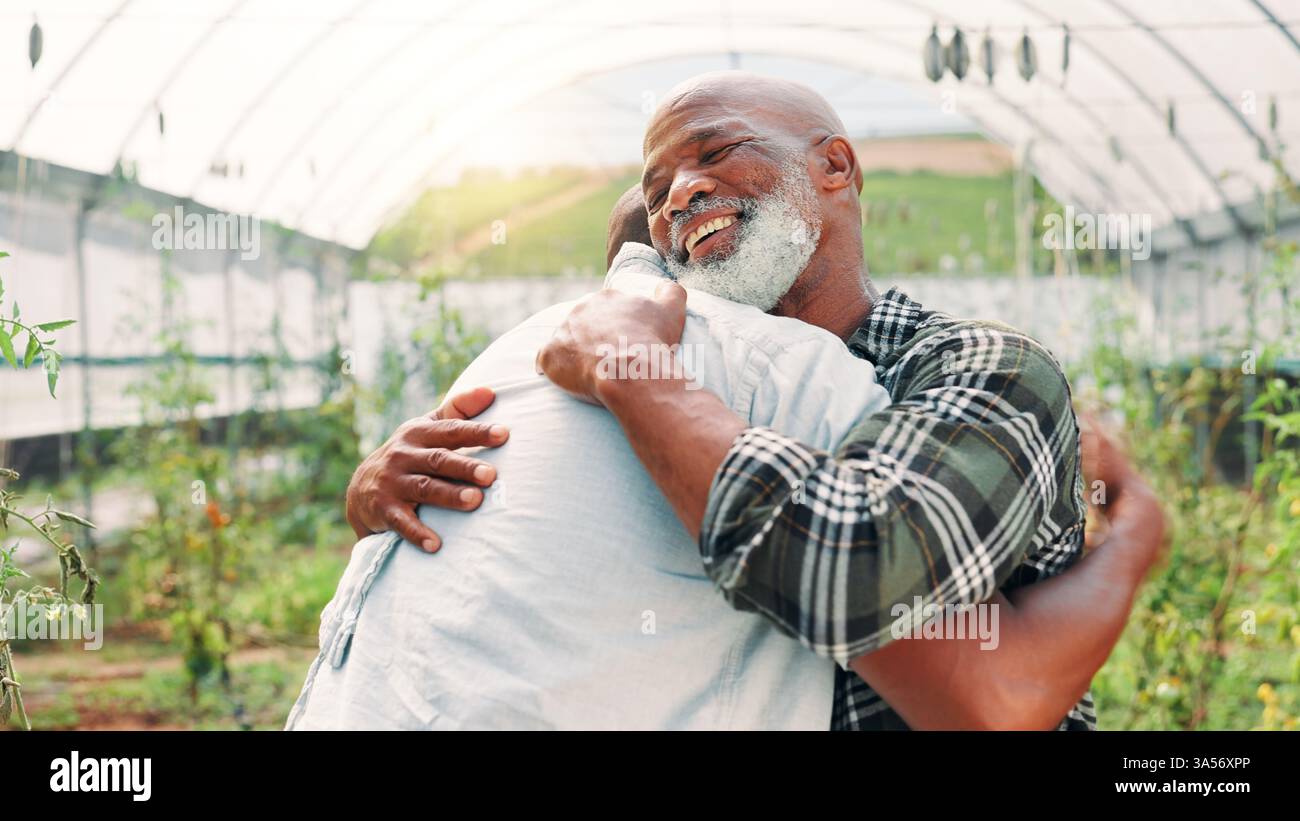 Agriculture, people and happy with hug in greenhouse for farmer welcome ...