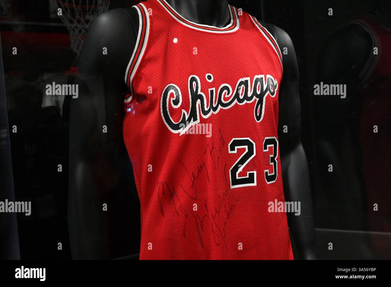 View of Michael Jordan's first game-worn NBA jersey on display and set ...