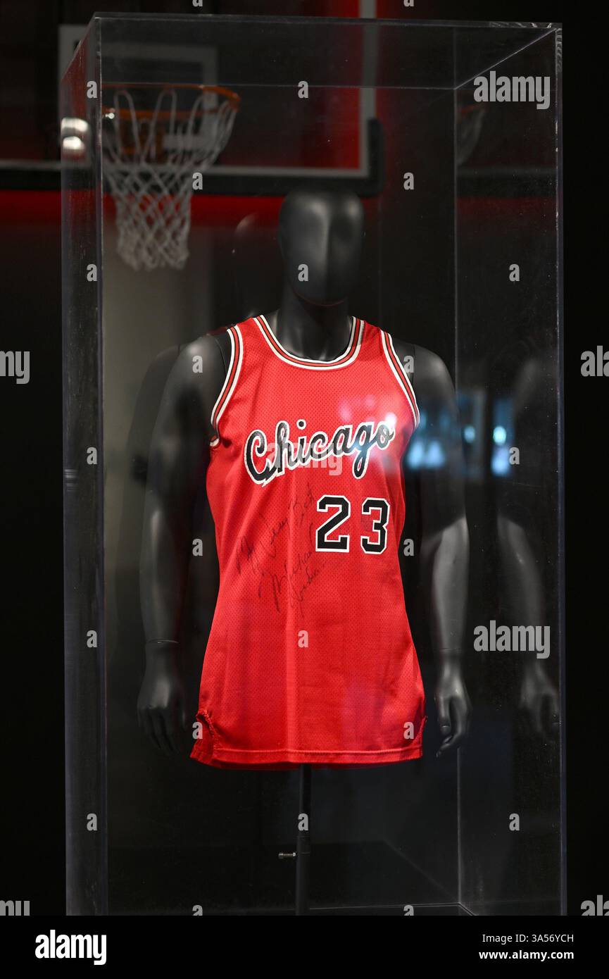 New York, USA. 21st Mar, 2025. View of Michael Jordan's first game-worn ...
