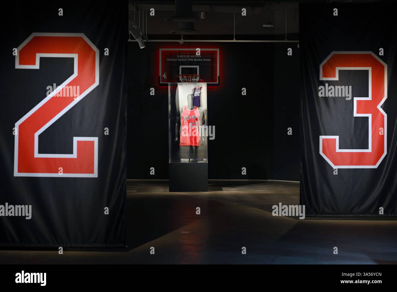 View of Michael Jordan's first game-worn NBA jersey on display and set ...