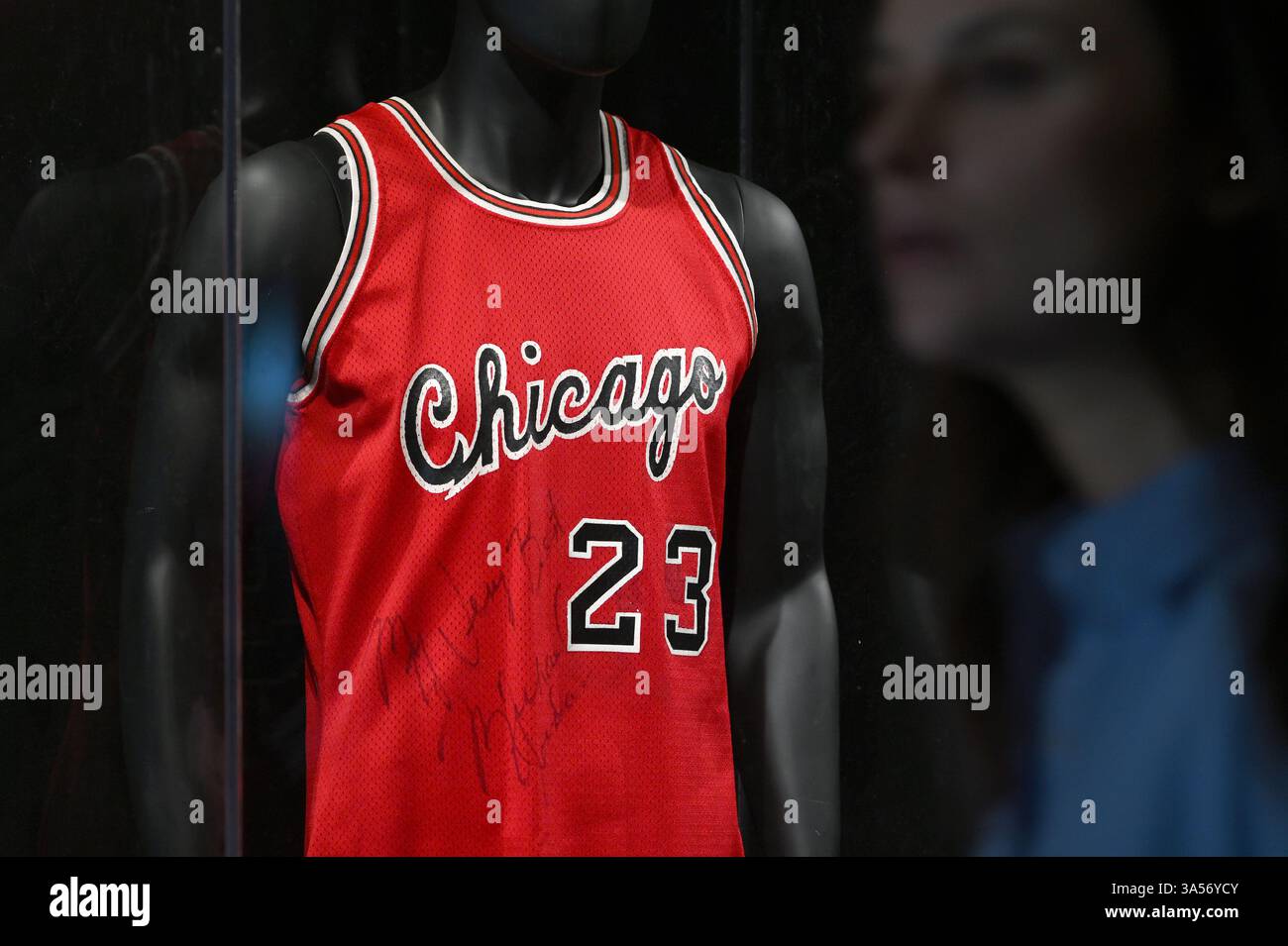 New York, USA. 21st Mar, 2025. View of Michael Jordan's first game-worn ...