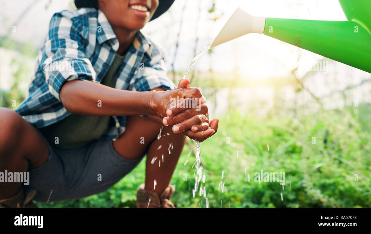 Bacteria, washing hands and watering can with people on farm for ...