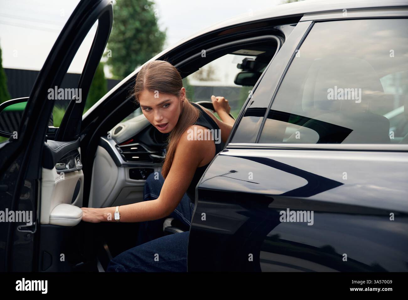 Accident, shocked facial expression. Woman is sitting in the car Stock ...