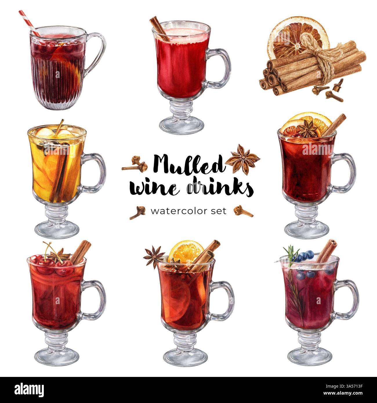 Watercolor illustration of Christmas mulled red wine set isolated on ...