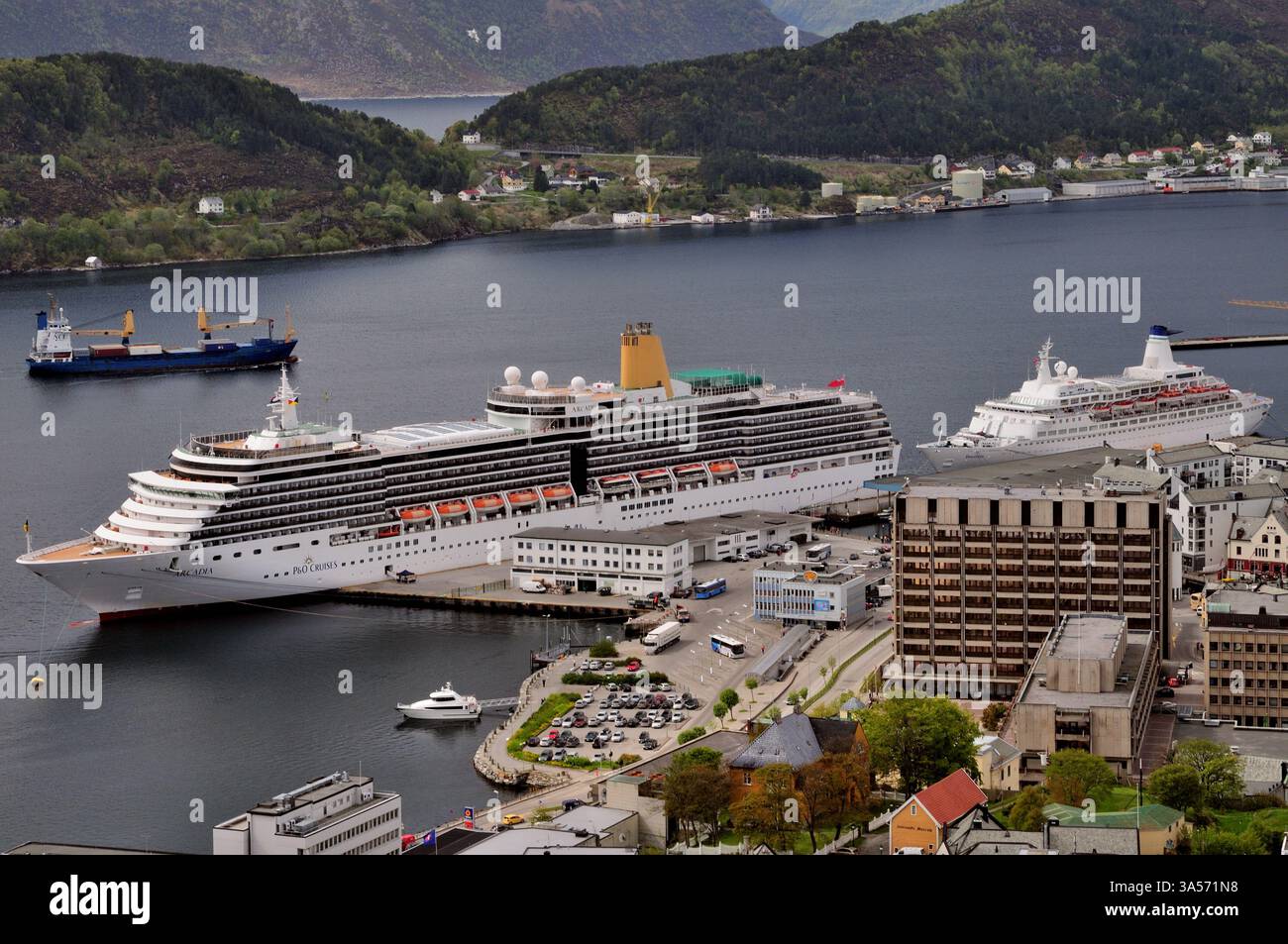 Cruise ships Arcadia and Discovery moored at Alesund in Western Norway ...