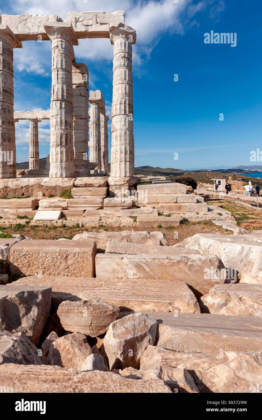 Detail of the ancient doric temple of Poseidon, in Sounion, Greece ...