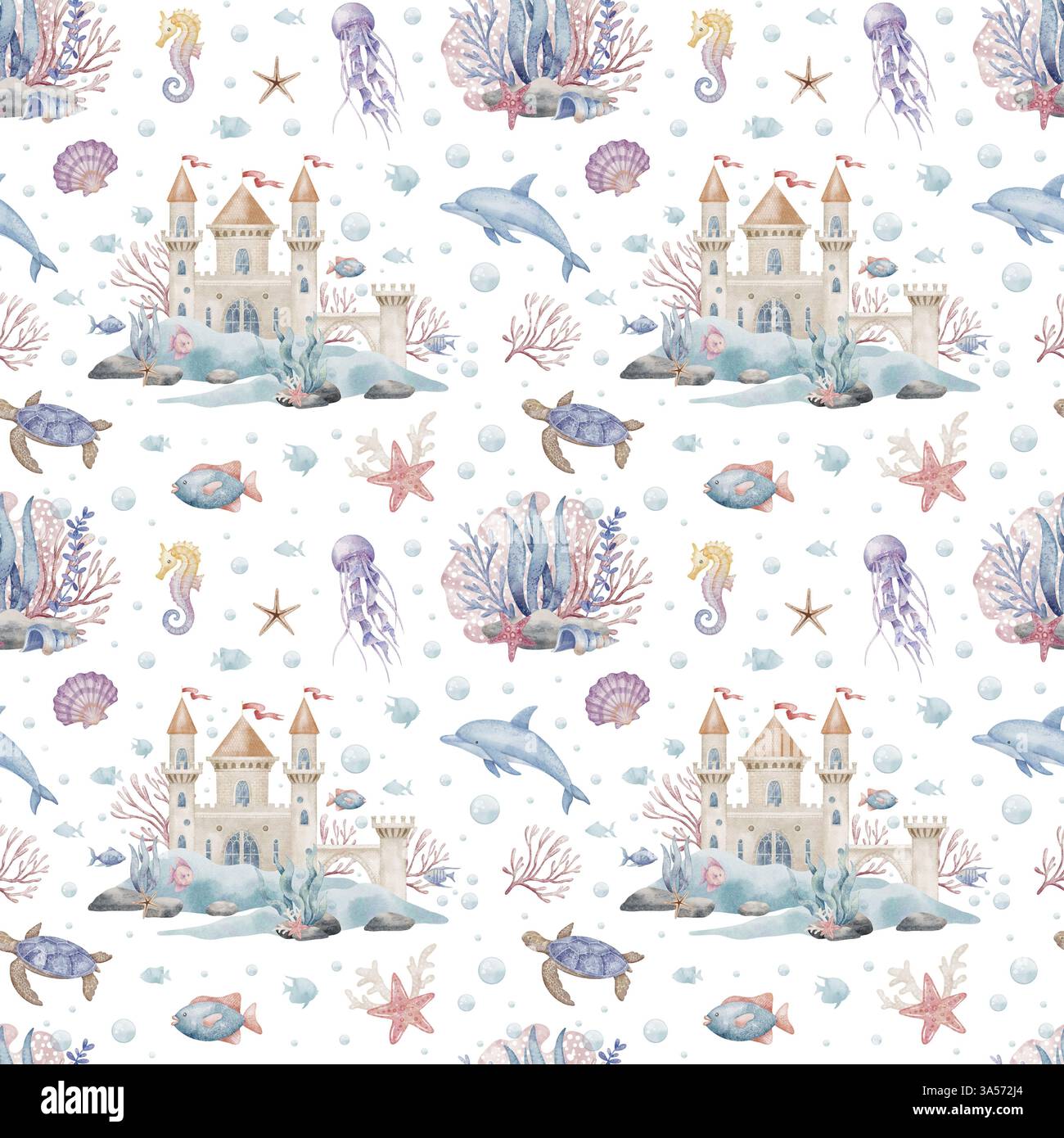 Seamless watercolor Seabed pattern with coral, seaweed, and marine life ...