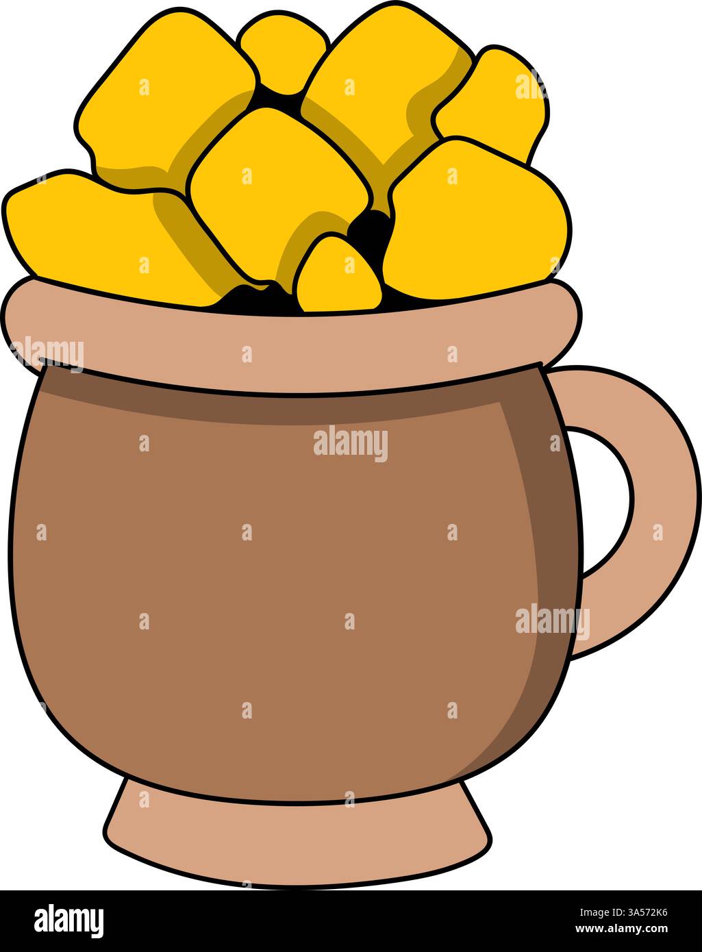 An illustration of a brown pot overflowing with bright gold nuggets ...