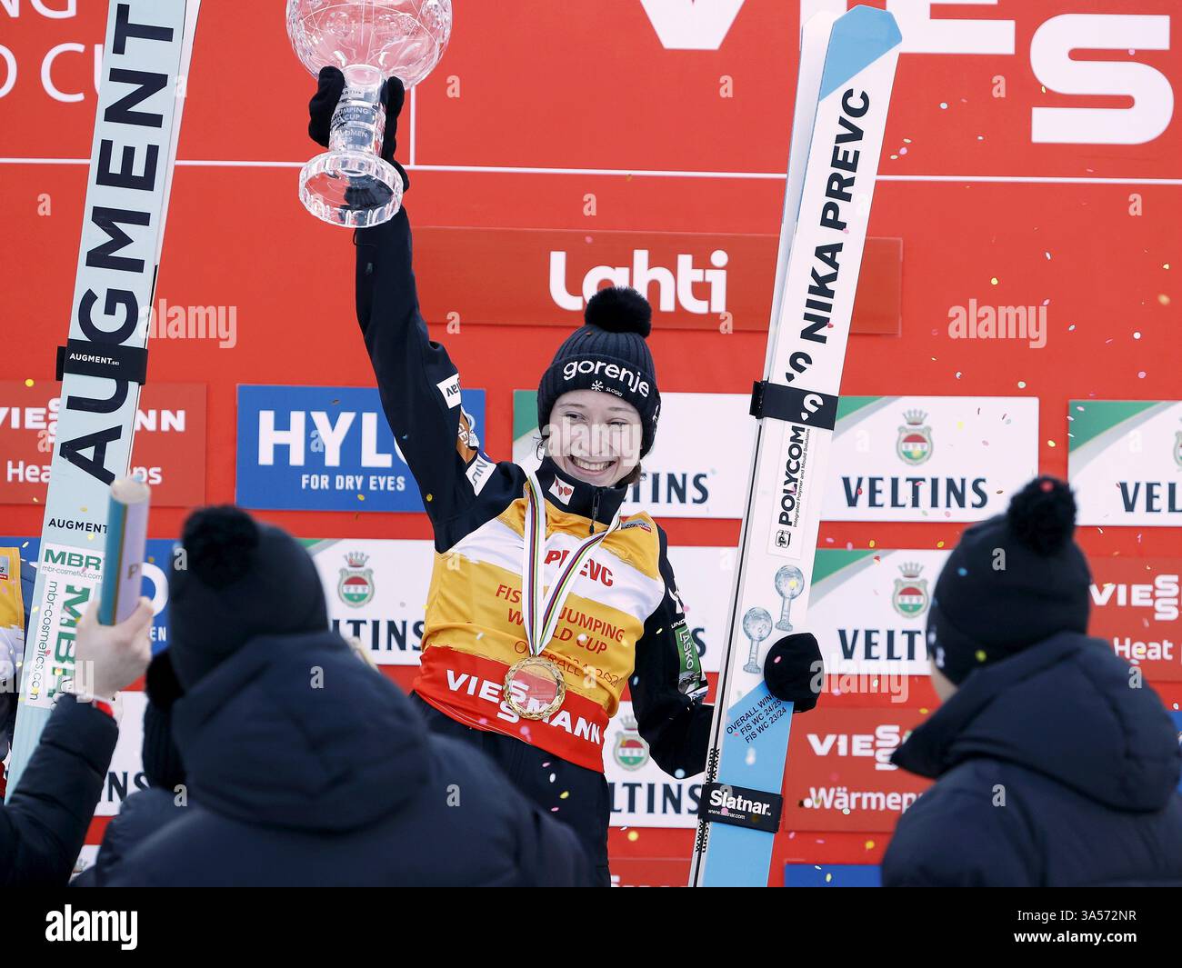 Lahti, Finland. 21st Mar, 2025. Nika Prevc of Slovenia celebrates with ...